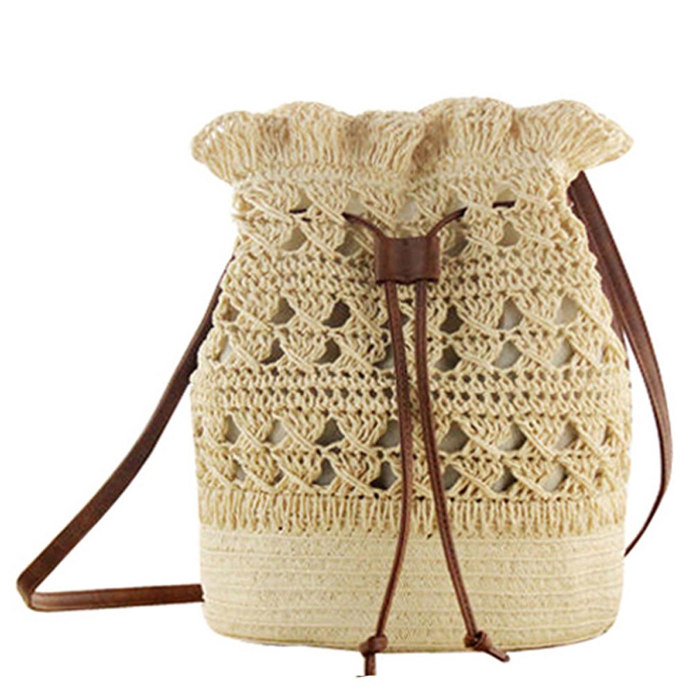 Abuyall Women Straw Bucket Bag Hobo Shoulder Handbag Drawstring Beach Tote Bag B