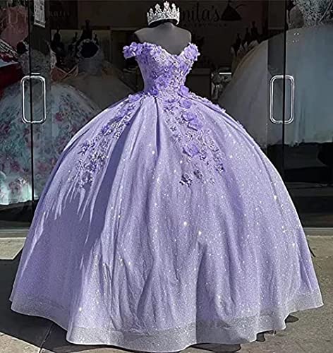 DKBridal Women‘s 3D Flowers Quinceanera Dresses Glittery Tulle Off The Shoulder Sweet 16 Dresses Royal Blue 24