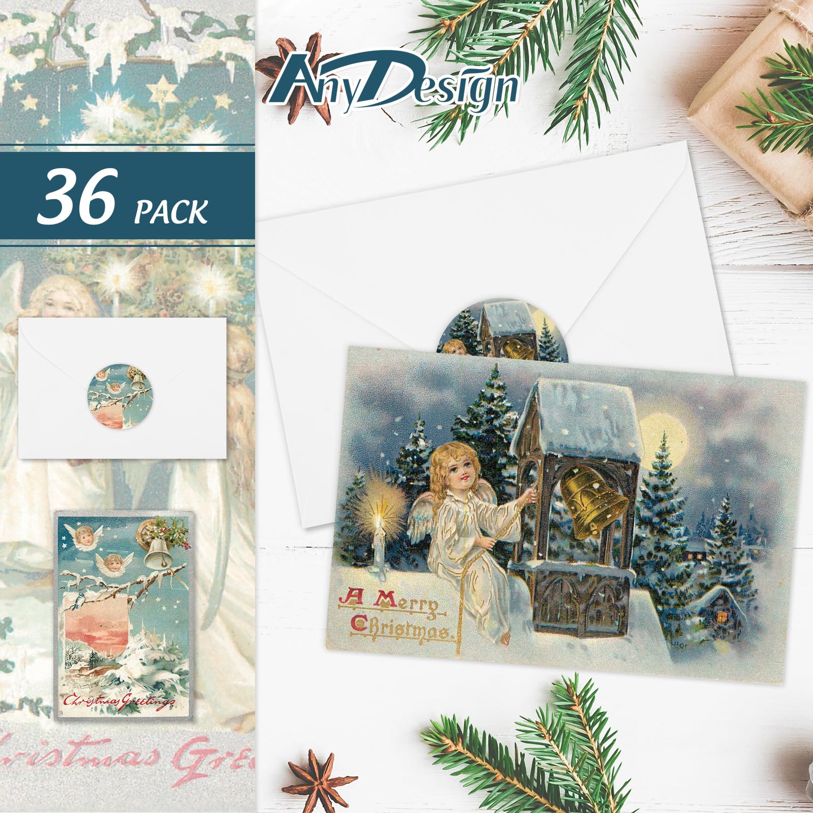 AnyDesign 36 Pack Christmas Greeting Cards Holy Angel Note Cards with Envelopes Stickers Watercolor Xmas Blank Cards, 4 x 6 Inch