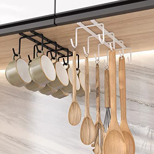 Coffee Mug Holder Under Cabinet - 9 Hooks Cup Organizer for 1.18" Thickness Cabinet Hanging Mug Rack Tea Cup and Utensil Hooks Drilling Free Mug Hanger Under Shelf, Black