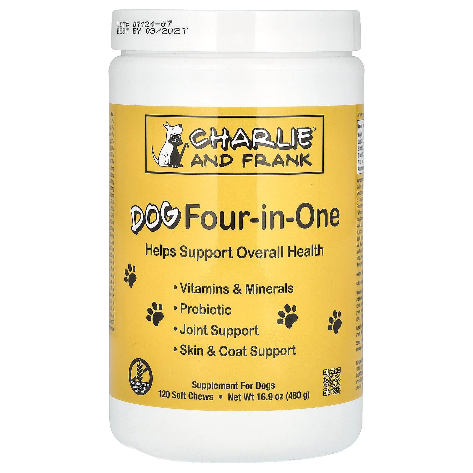 Charlie & Frank, Dog Four-in-One, Vitamins & Minerals, Probiotics, Joint Support, Healthy Skin & Coat, 120 Soft Chews