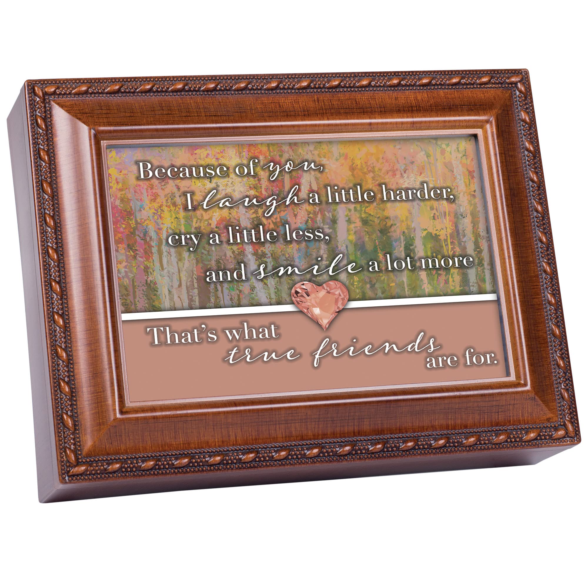 Cottage Garden Because of You Woodgrain Rope Trim Jewelry Music Box Plays What Friends are for