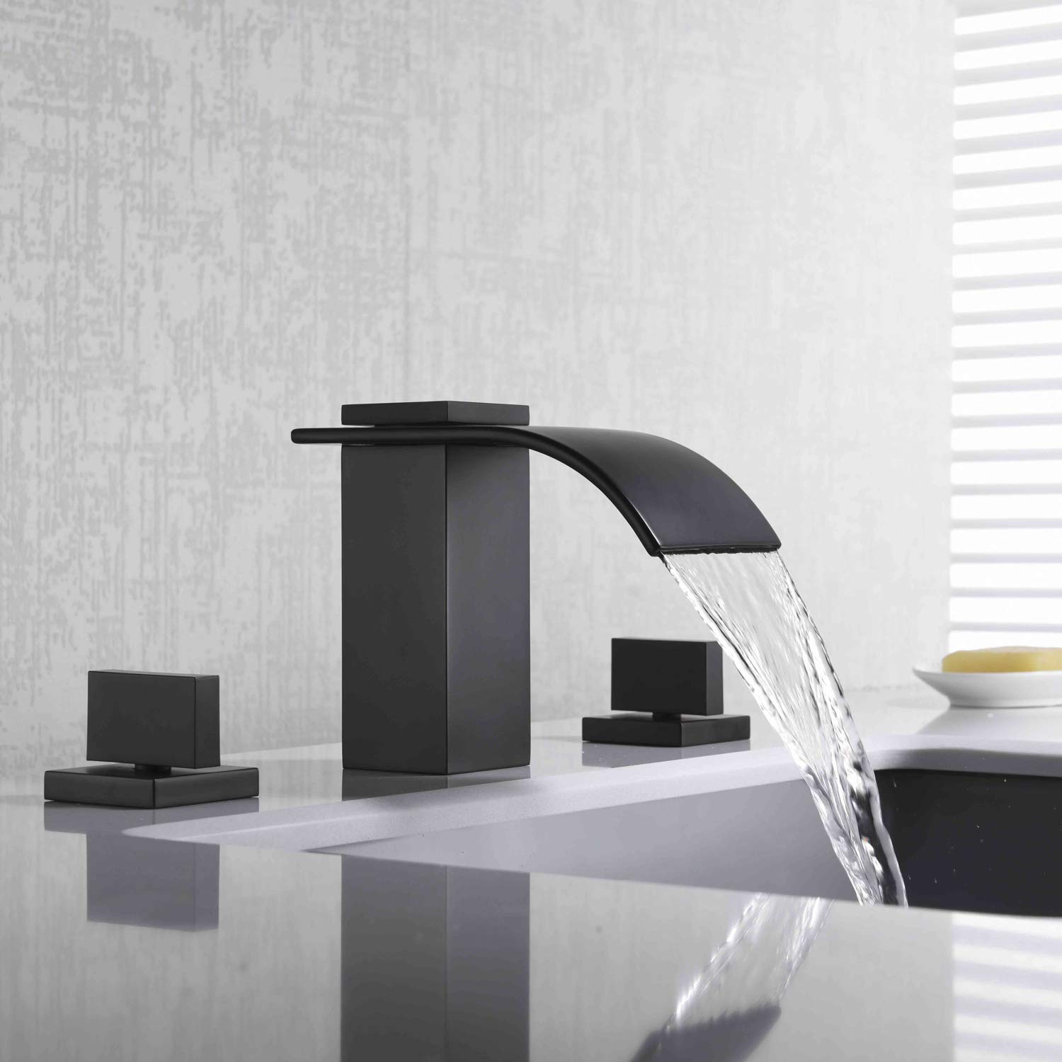 sumerain Widespread Waterfall Matte Black Bathroom Faucet 3 Hole 2 Handle 8 Inch Vanity Sink Faucet