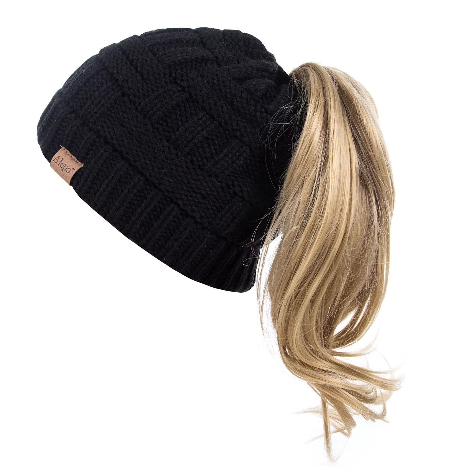 Alepo Womens High Messy Bun Beanie Hat with Ponytail Hole, Winter Warm Trendy Knit Ski Skull Cap (Mix Black&White)