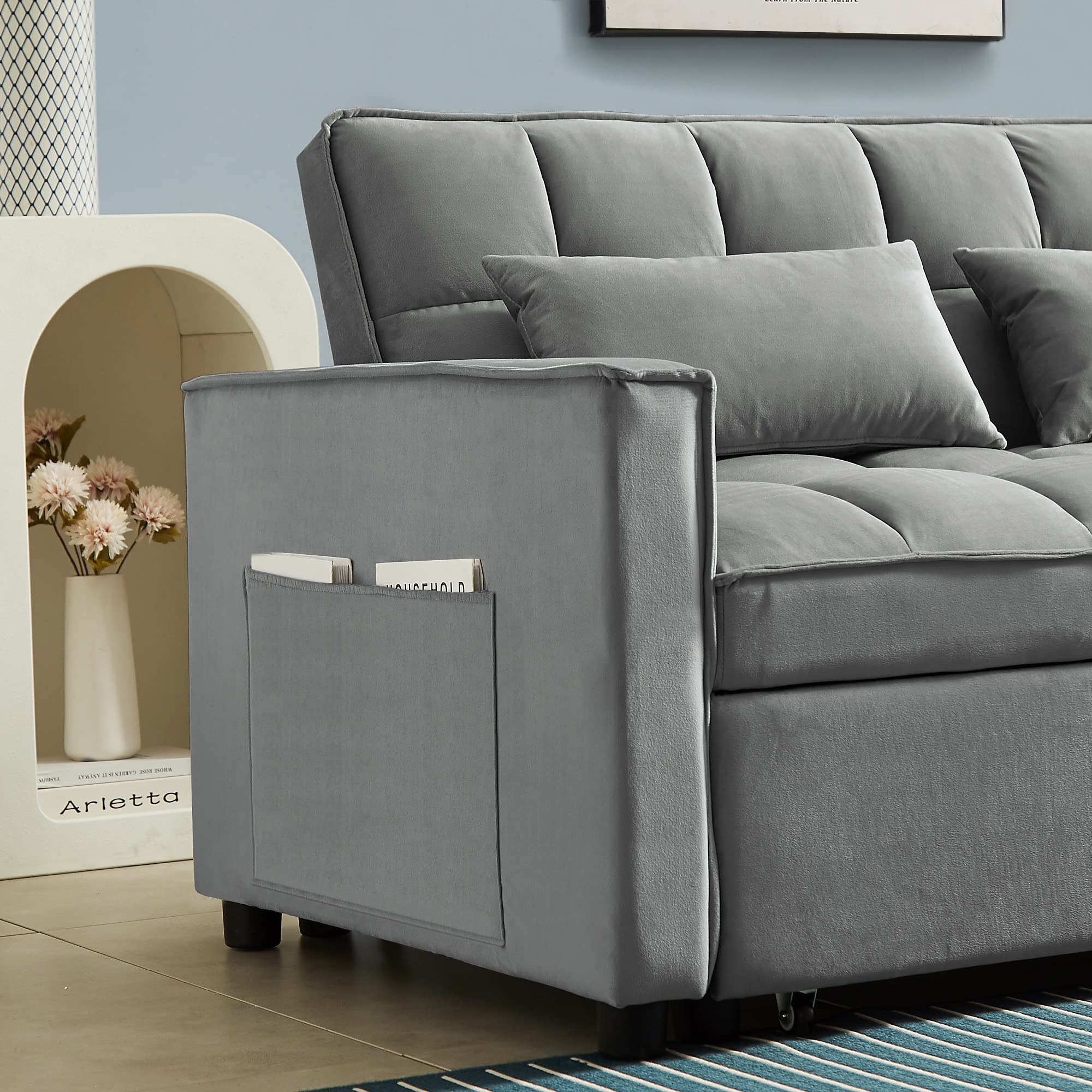 Merax 55.2" Velvet Sleeper Sofa Couch, Convertible Loveseat Sofa with Pull Out Bed and Adjustable Backrest, Sleeper Sofa Bed Armchair with 2 Lumbar Pillows for Home Office, Grey