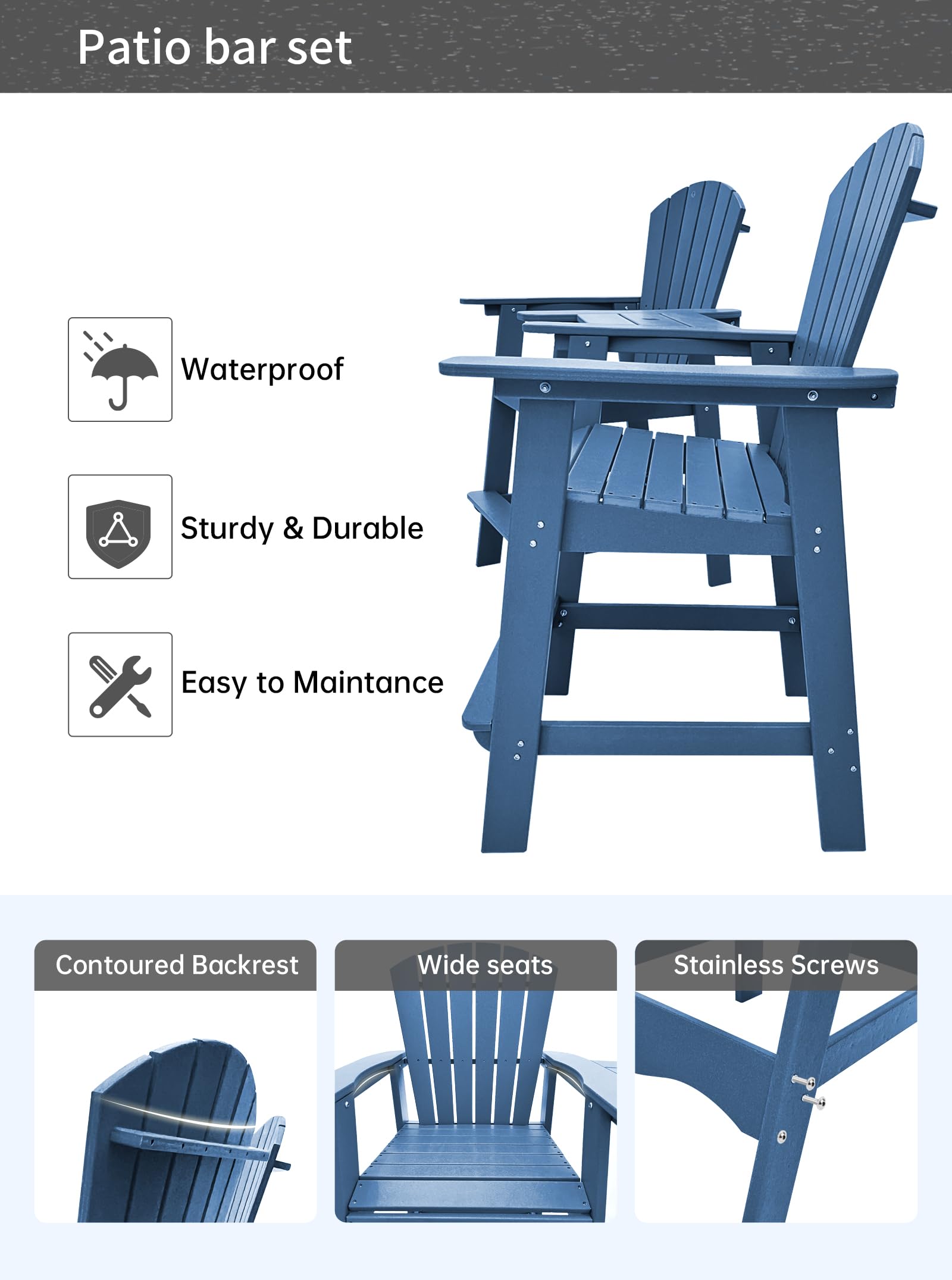 Aoorun 51.9''Poly Patio Chairs bar Height,high Outdoor Chairs Table hdpe, Tall Adirondack Set for 2 (30.7" D x 27.9" W) - Navy Blue