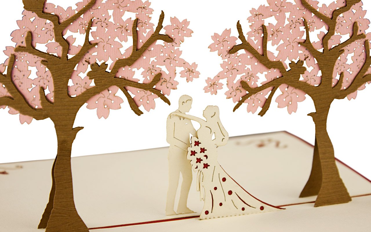 cherry blossom tree wedding cards, unusual wedding pop up cards with envelope, wedding invitations, wedding wishes, wedding anniversary greetings, tie the knot invite, congrats to bride and groom, L10