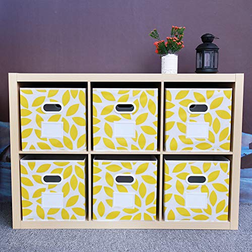 MAX Houser Fabric Storage Bins Cubes Baskets Containers with Dual Plastic Handles for Home Closet Bedroom Drawers Organizers, Flodable, Set of 6 (Yellow)