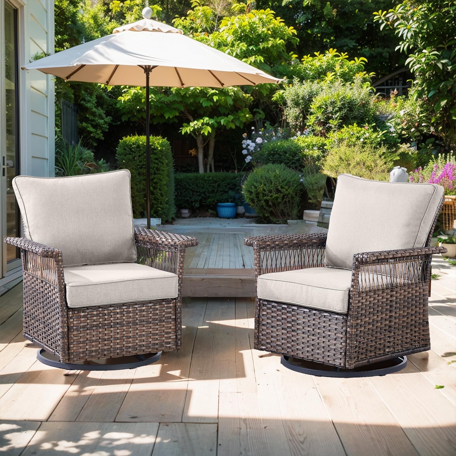 HUMMUH Outdoor Swivel Chairs Set of 2 - Swivel Patio Chairs with 4" Wide Armrest Patio Chairs for Deck Porch Balcony Garden-Brown/Beige
