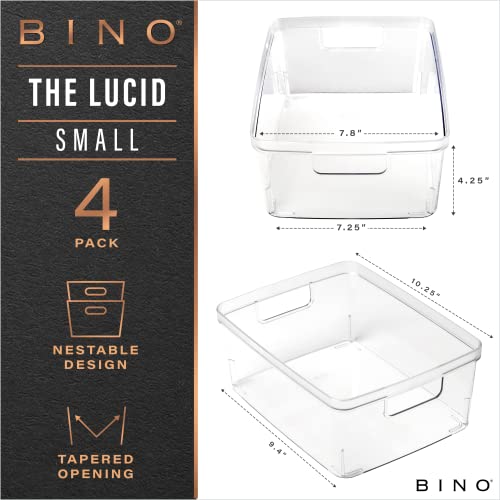 BINO Plastic Storage Containers, Small - 4 Pack THE LUCID COLLECTION, Multi-Use Organizer Bins Built-In Handles BPA-Free Clear, Fridge, Pantry & Home Organization