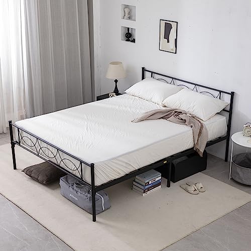 Black Metal Bed Frame Queen Size with Headboard Modern Platform Bed Sturdy and Easy Assembly No Box Spring Needed