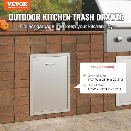 VEVOR Pull Out Trash Drawer 17.7x22.8 Inch Raised Style Trash Bin with Pull-Out Tray Stainless Steel Trash Drawer with Handle for Outdoor Kitchen BBQ Island