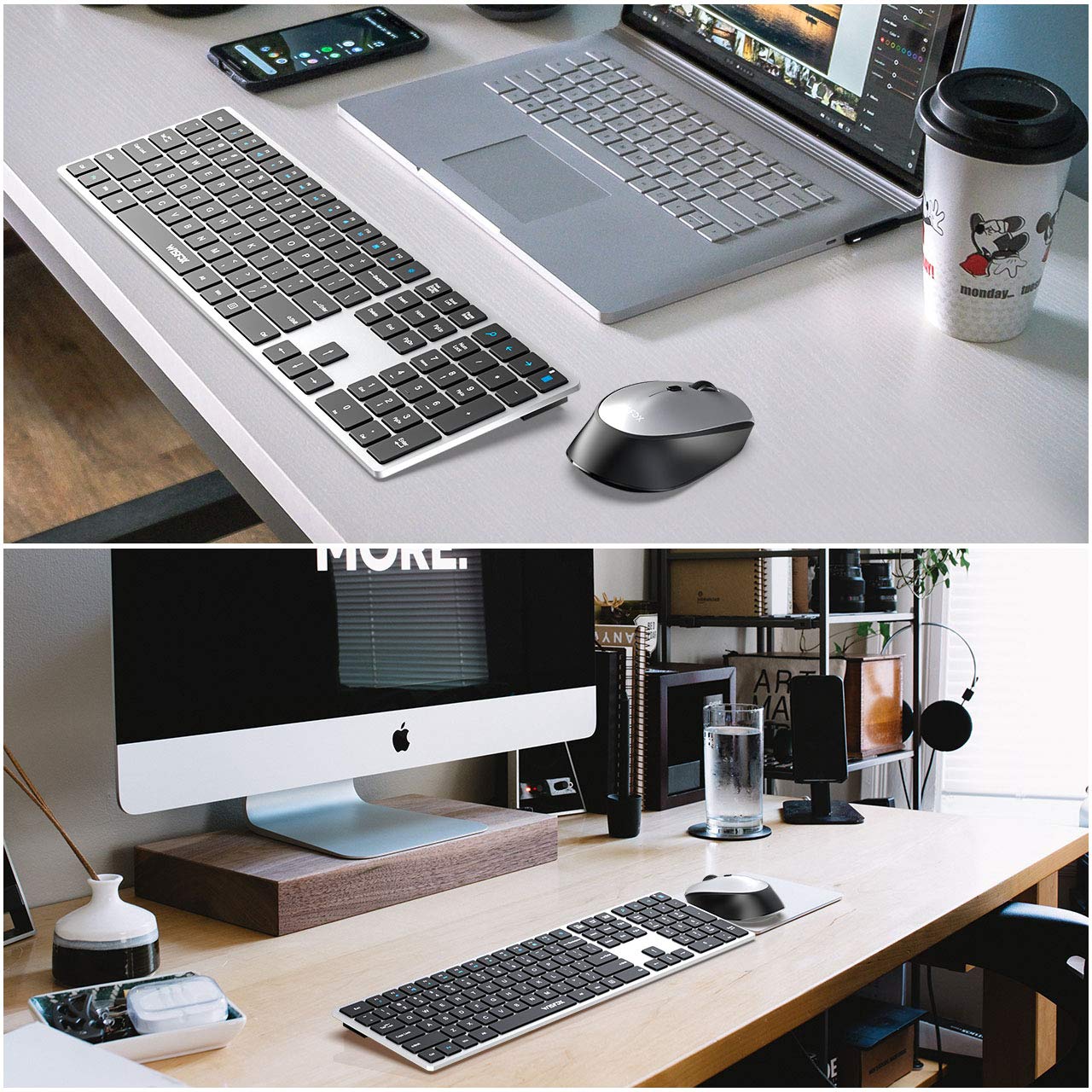 Wireless Keyboard and Mouse Combo, WisFox 2.4G Full-Size Slim Thin Wireless Keyboard Mouse for Windows, Computer, Desktop, PC, Laptop Mac (Silver and White)