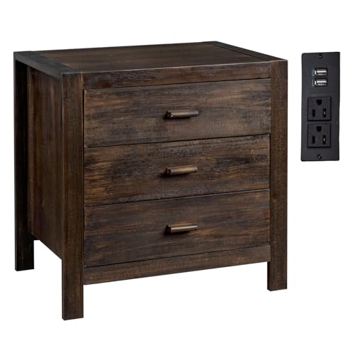 Karl home Farmhouse Nightstand with Charging Station, Solid Pine Wood 3 Drawer Night Stands for Bedroom, Bedside Table with 2 USB Ports & 2 AC Outlets, Vintage End Tables, Brown