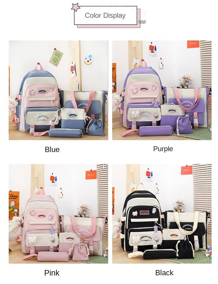 DAHUOJI Kawaii Backpack Set 5pcs Aesthetic Backpack for School Teens Girls Daypack Large with Pendants and Pins, Pen Case, Tote Bag, Small Bag(Blue)