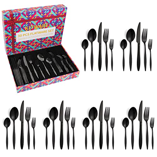 Black Silverware Set, 30 Pieces Stainless Steel Flatware for 6, Family Essential Utensil Tableware, Mirror Polished Cutlery for Home Kitchen, Hotel, Restaurant