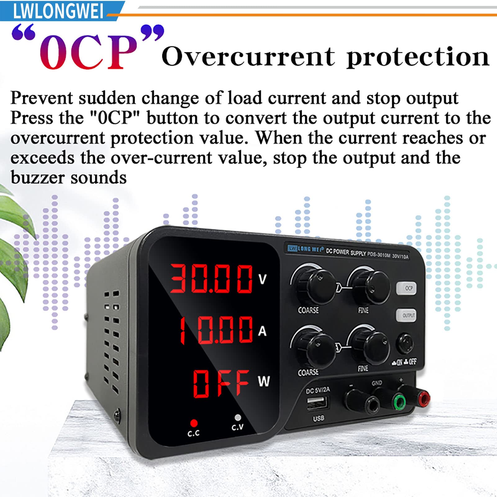 LWLONGWEI DC Power Supply Variable,30V 10A Adjustable Switching Regulated DC Bench Power Supply with 4-Digits LED Power Display 5V/2A USB Output, Coarse and Fine Adjustments Black
