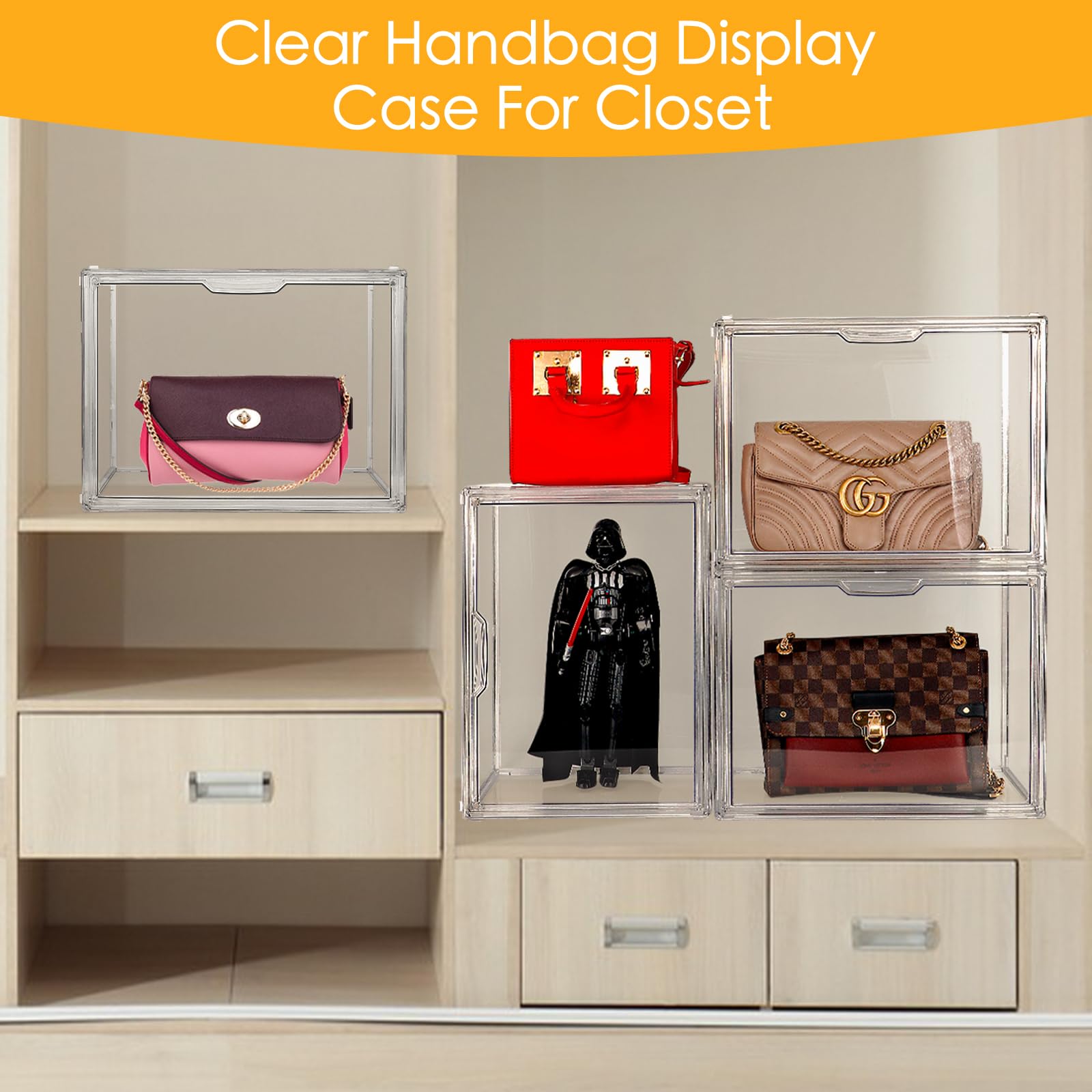 Cutora 6Pack Purse Organizer for Closet Clear Acrylic Display Case Handbag Storage Organizer Box with Magnetic Door Stackable Storage Bins with Dustproof Lid for Book Toys Shoes Cosmetic Collectibles