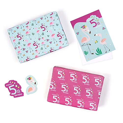 BIOBROWN Happy 5th Birthday Wrapping Paper Sheets for Girls Including Greeting Card and Gift Tags for Birthday Wishes - 2 Fold Flat Sheets
