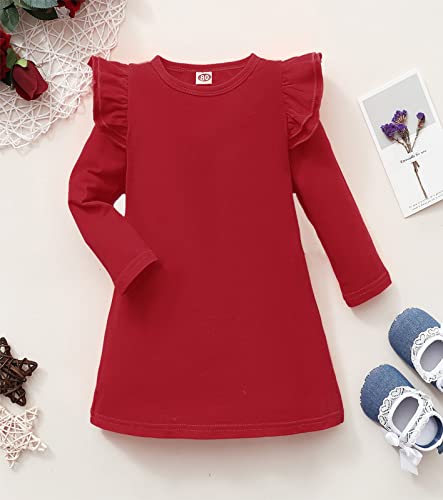 Toddler Baby Girl Solid Color Dress Kids Long Sleeve Ruffle Skirt Playwear (Red, 4-5T)