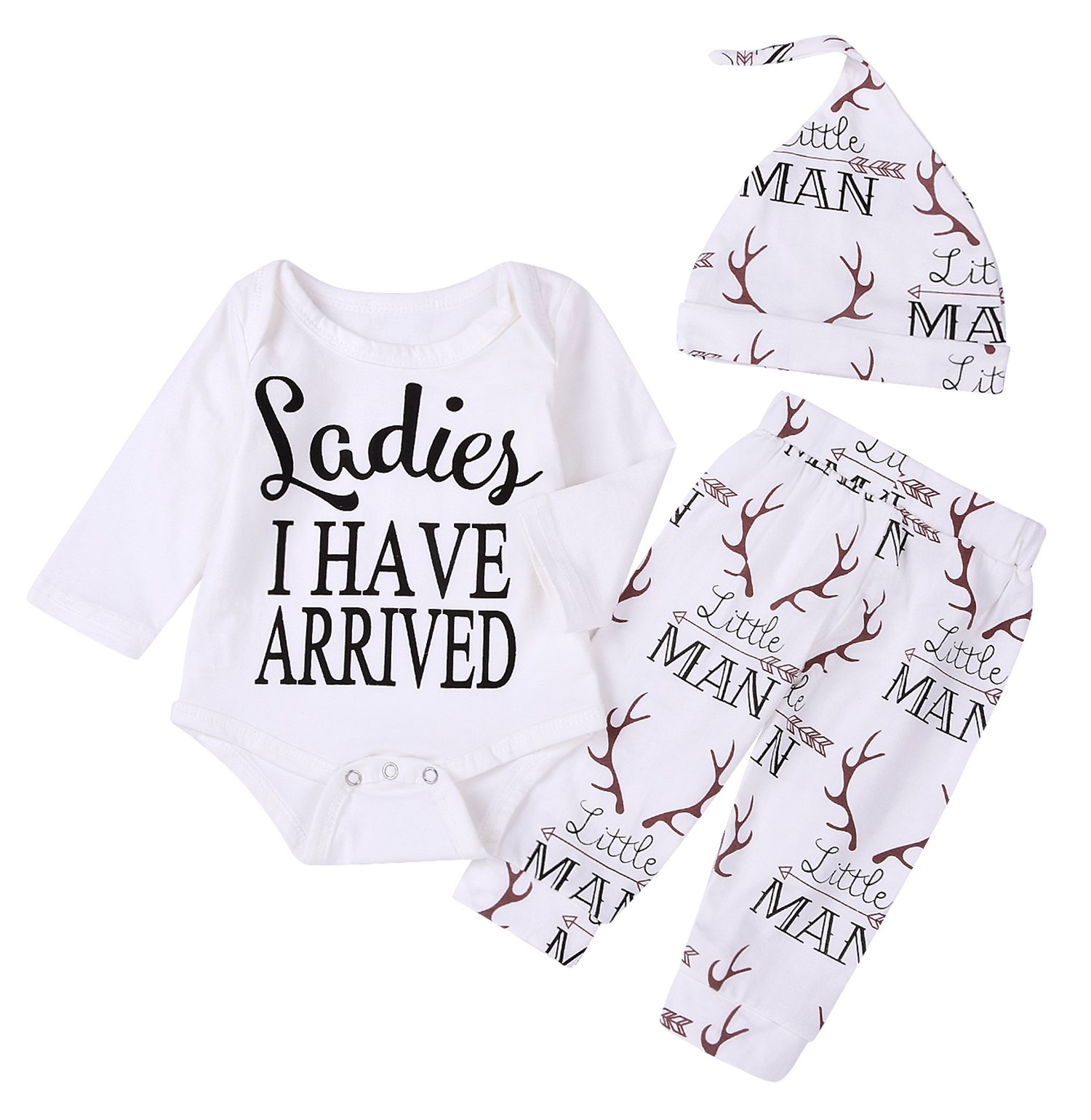 Newborn Suit For Baby Shower Deer Print Long Sleeve Romper+Long Pants+Hat (0-3months, Man),3M