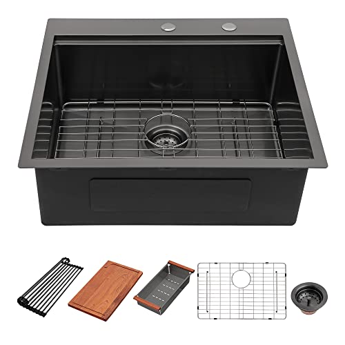 Beslend 28 Black Drop In Workstation Kitchen Sink - 28"x22"x10" Gunmetal Black Stainless Steel Topmount 16 Gauge 10 Inch Deep Sink