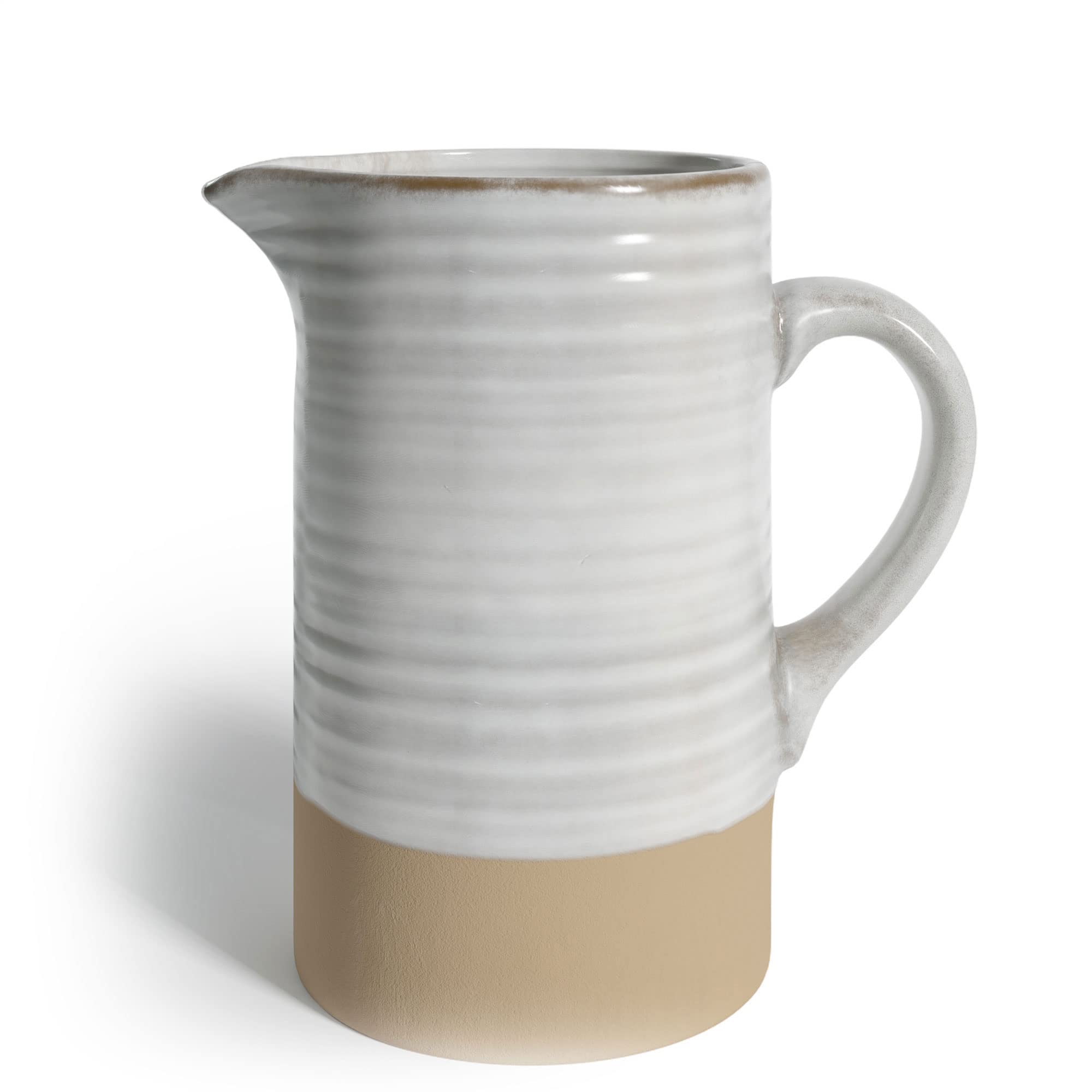 Barnyard Designs 1.5 Quart White Ceramic Pitcher, Vintage Rustic Farmhouse Vase Pitcher, Ceramic Milk Pitcher White Jug Vase or Flower Vase, Decorative Water Pitcher Ceramic Vase, Ivory/Tan, 7x7.25ā