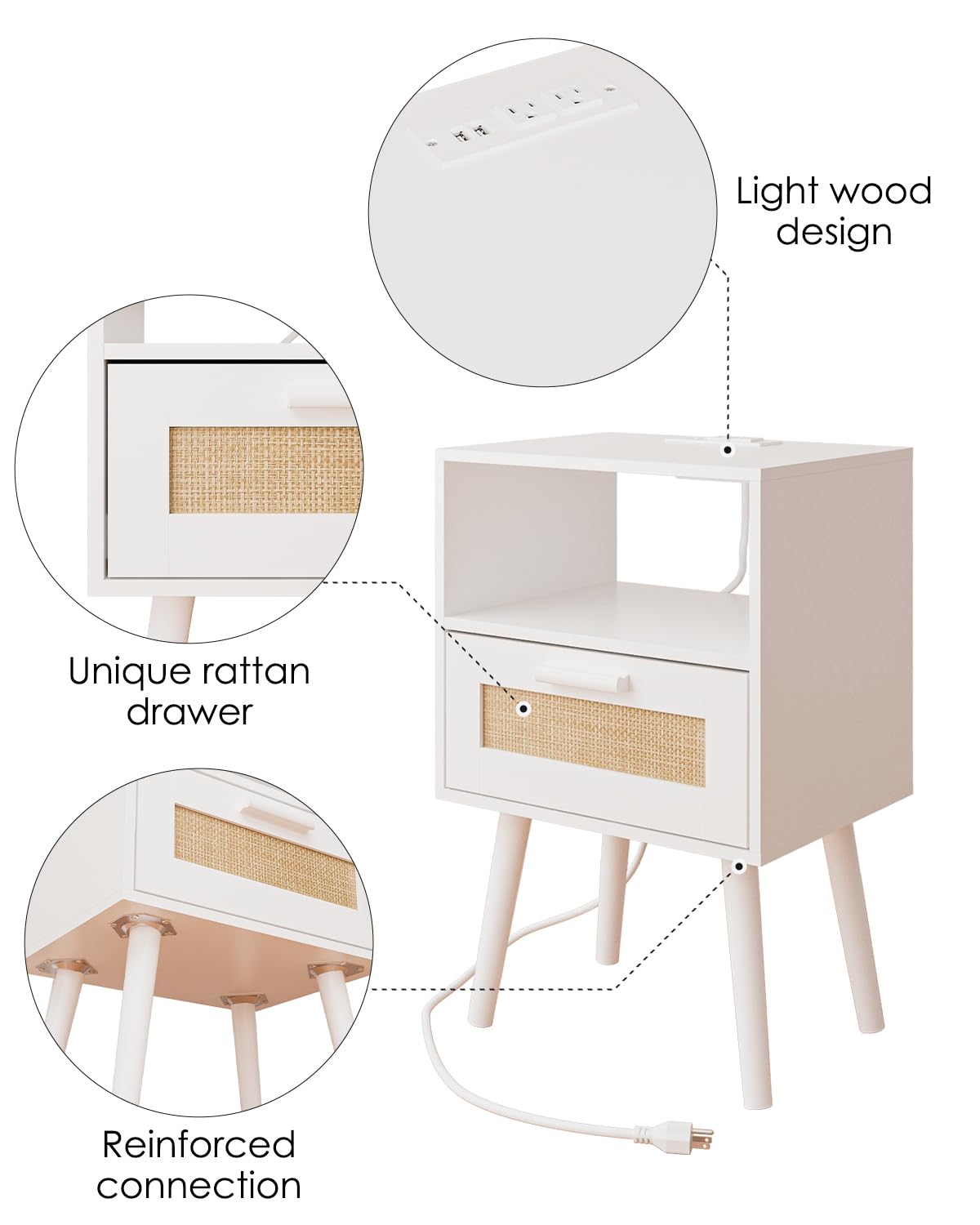 Aobafuir Nightstands with Charging Station, End Table, Rattan Nightstand, Side Table with Hand Made Rattan Decorated Drawers, Wood Accent Table with Storage for Bedroom,White