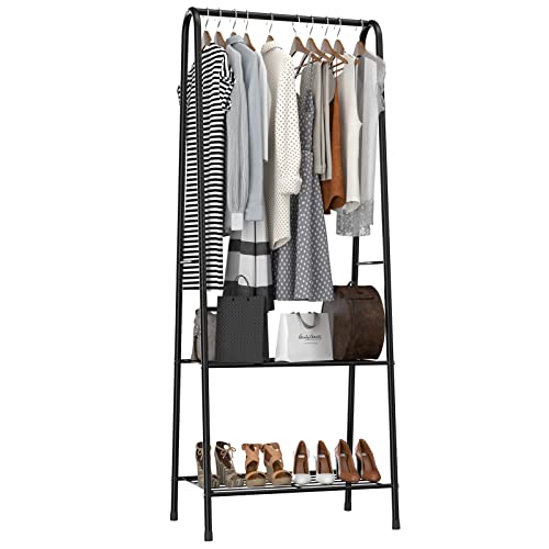 JEROAL Clothing Garment Rack, Coat Organizer Storage Shelving Unit, Entryway Storage Shelf with 2-Tier Metal Shelf, Black