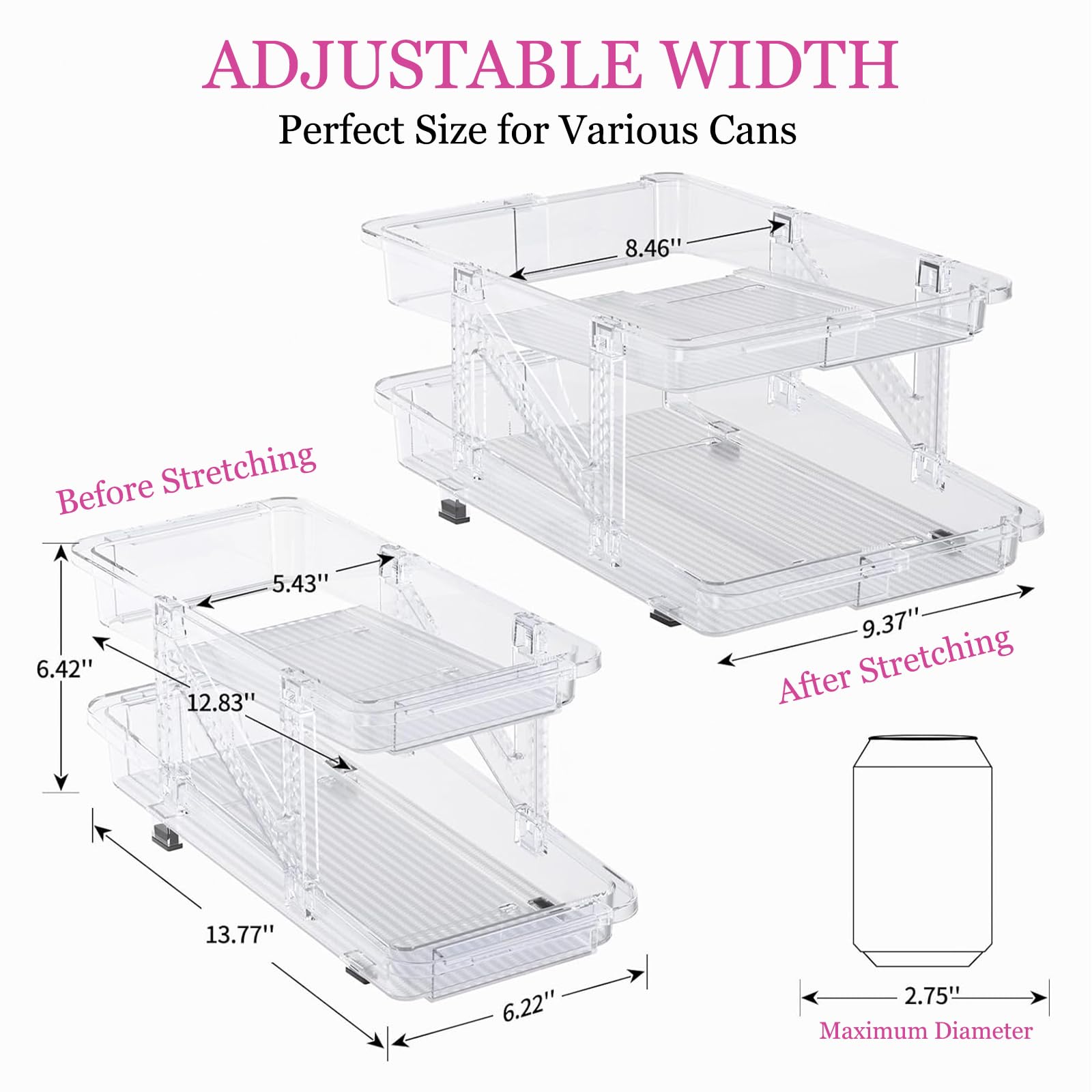 Aoteuk Refrigerator storage containers, Adjustable Width Rolling Soda Can Dispenser Soda Can Storage Rack Beverage Pop Can Holder Drink Organizer for Fridge Pantry Cabinet Countertop (2 Pack, Clear)