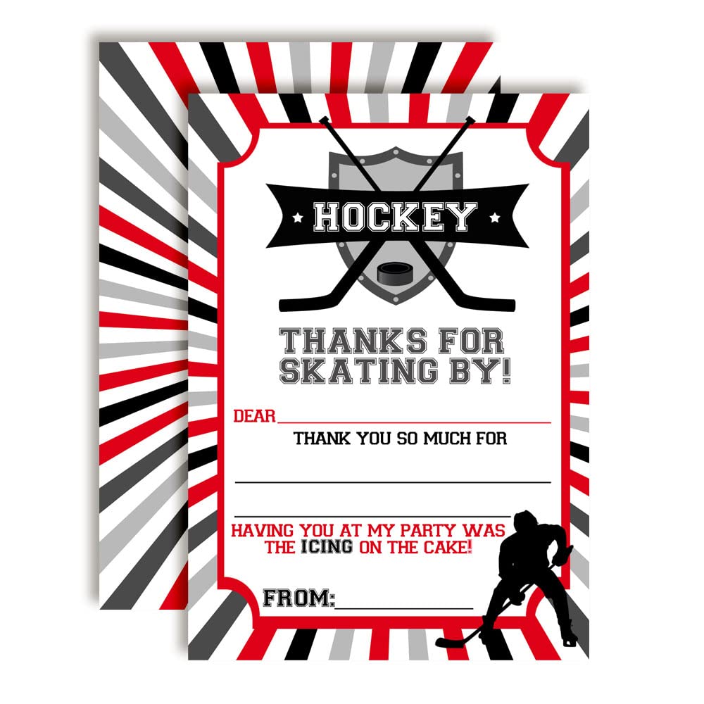 Kids Thank You Cards Black & Red Hockey Birthday Party Thank You Notes, Ten 4" x 5.5" Fill-In The Blank Cards with 10 White Envelopes by AmandaCreation