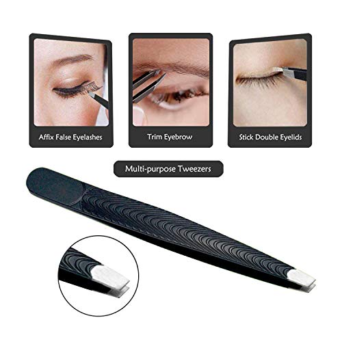 FITDON Eyebrow Grooming Set, Professional Slant Tip Tweezers & Curved Stainless Steel Scissors & 3PCS Brow Razors Trimmer & Duo Angled Eyebrow Brush with Spoolie black,sliver
