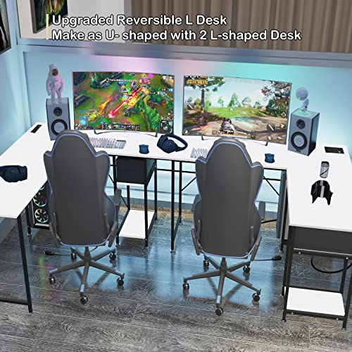 DLIUZ White L Shaped Desk with Drawers,L Modern Desk,Computer Gaming Desk with USB Charging Port and Power Outlet, 2 Person Long Writing Study Table with Shelves Reversible Home Office Corner Desk