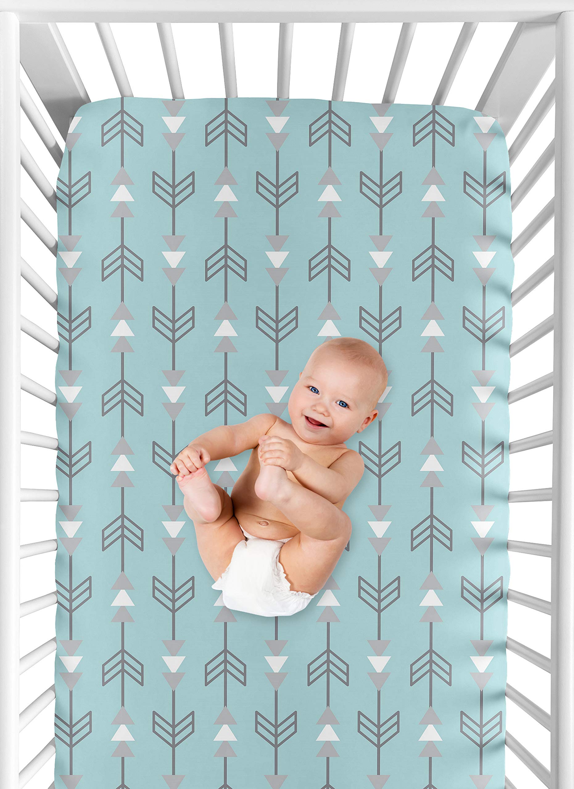 Fitted Crib Sheet for Turquoise Blue and Gray Earth and Sky Baby/Toddler Bedding - Arrows Print