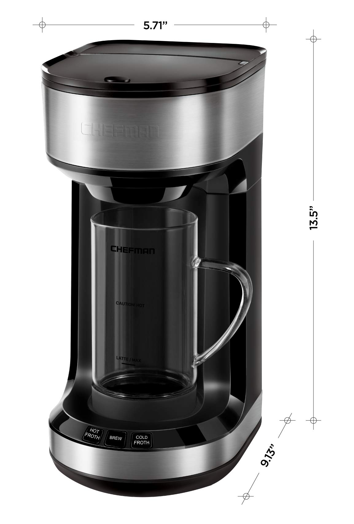 Chefman Froth + Brew Coffee Maker and Milk Frother Single Serve Brewer for K-Cup Pods & Grounds for Latte and Cappuccino Style Drinks, Compact 20 oz. Glass Mug and Reusable Filter Included, 21 oz