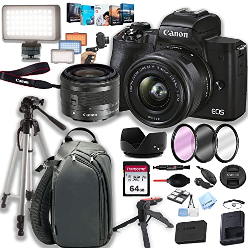 Canon EOS M50 Mark II Mirrorless Digital Camera with 15-45mm Lens + 64GB Memory + LED Video Light Sling Case + Steady Grip Pod + Tripod + Filters + Software + More (34pc Bundle) (Renewed)