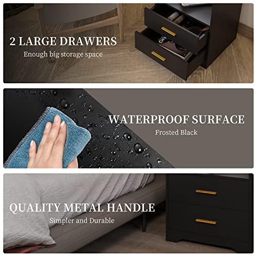 dnbss Black Nightstand with Charging Station, Night Stands with 24-Color RGB LED Lights, Smart Nightstand Black Bedside Table with Drawers, Modern Side Tables Bedroom