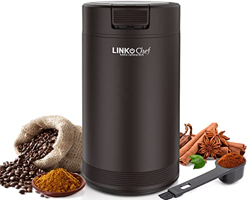 Coffee Grinder with Brush, LINKChef 200W Spice Grinder with Stainless Steel Blade for Seed Bean Nut Herb Pepper & Grain, Lid Activated Safety Switch, Brown, CG-8420