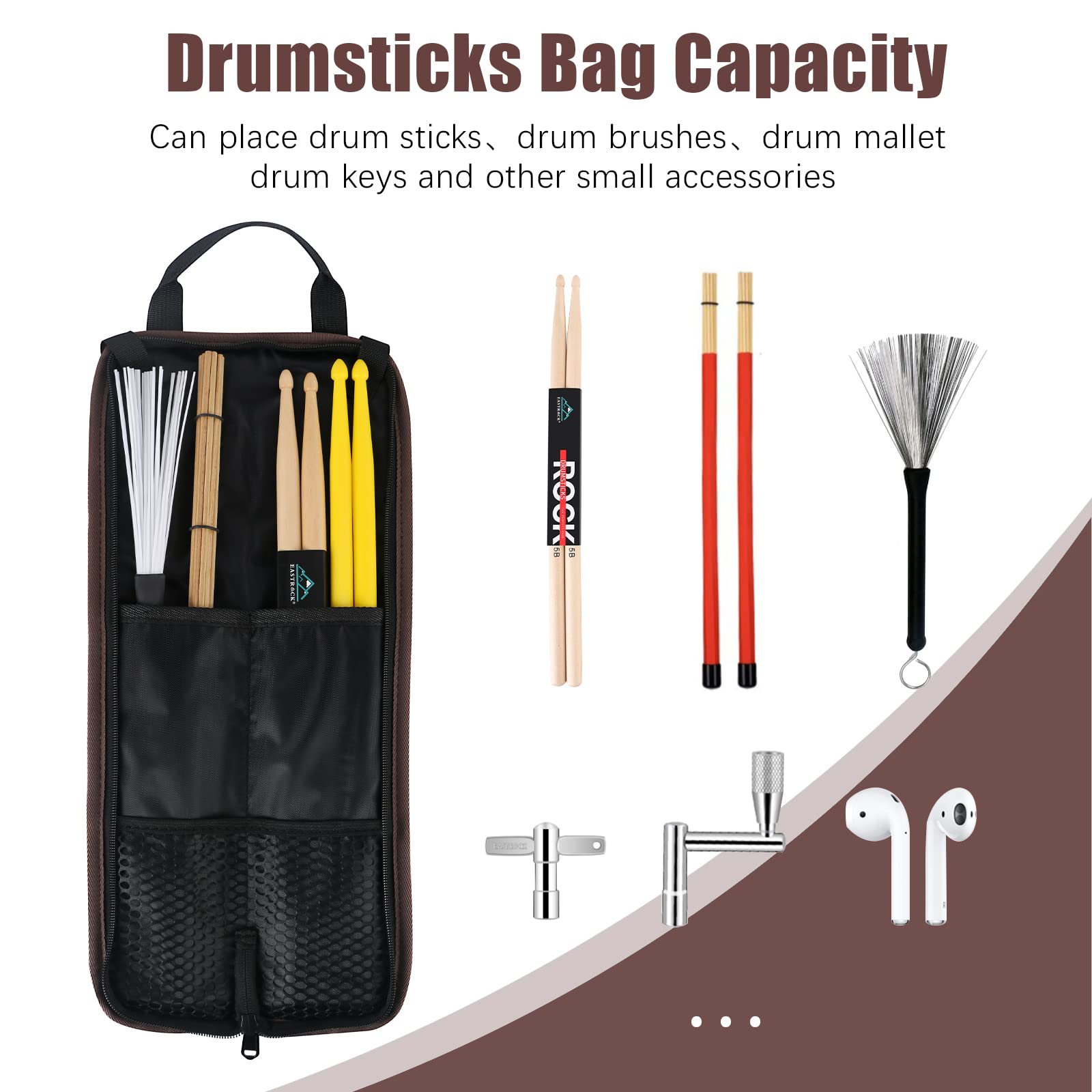 EASTROCK Drum Sticks Bag with 3 Pair Drumsticks, Drumstick Bag with Floor Tom Hook, Carrying Strap (Brown)