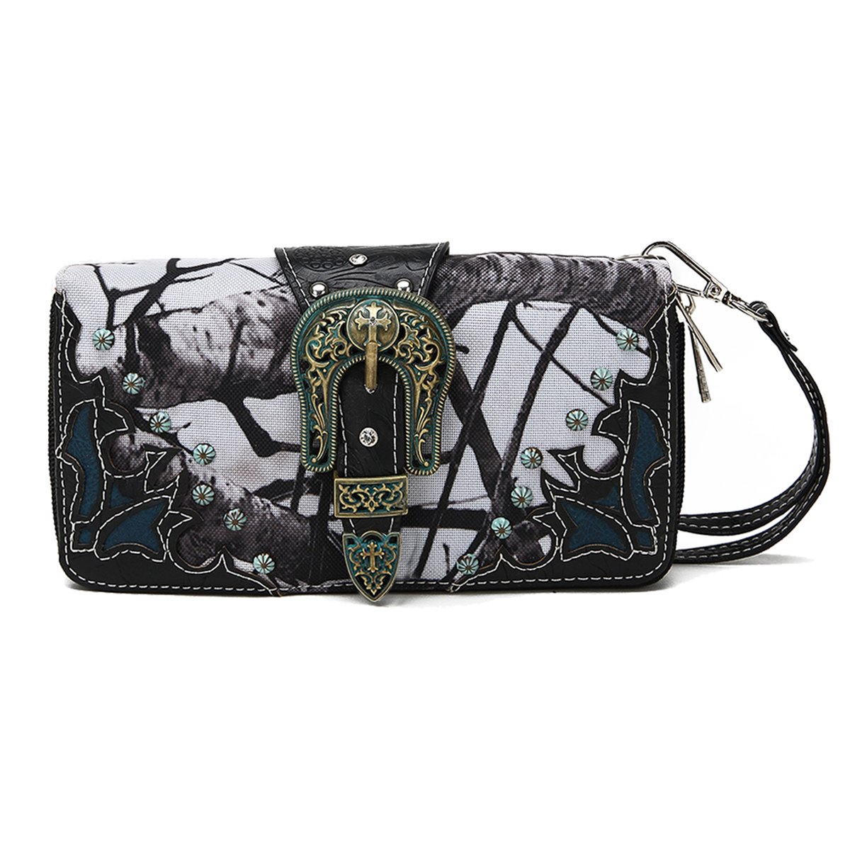 Cowgirl Trendy Western Style Camouflage Buckle Clutch Purse Women Wristlets Wallet, Black, One Size