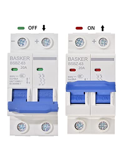 BASKER DC Circuit Breaker, 20Amp 2 Poles 500V Solar Disconnect Switch for Solar PV System Solar Panels Grid System, DIN Rail Mount, DC Breaker MCB (20A)