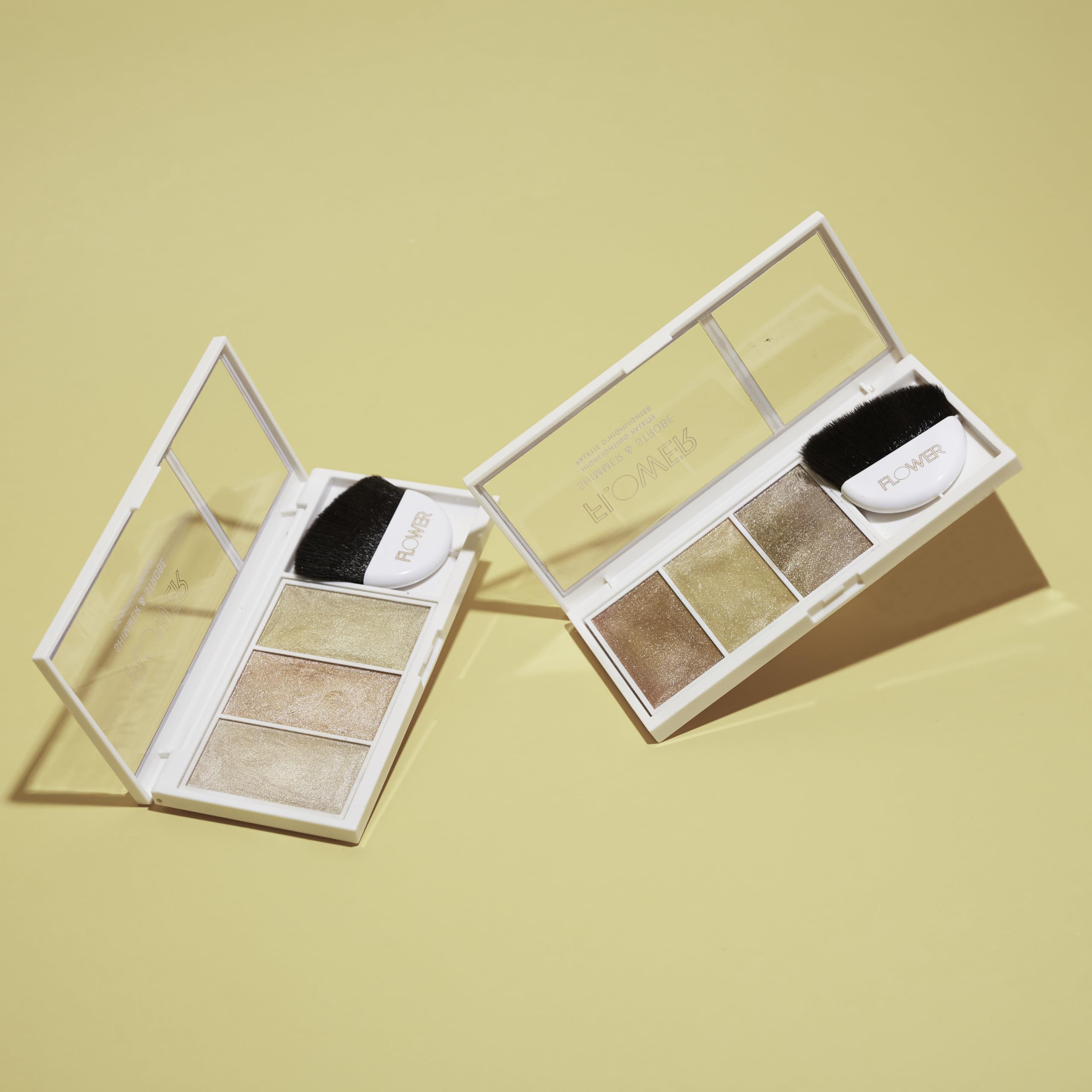 FLOWER Beauty By Drew Barrymore Shimmer + Strobe Highlighting Palette - Glowing Bronzer Powder Kit For Face + Blendable Coverage - Skintones + 3 Enhancing Colors (Strobe Brush) Included - Champagne Shimmer