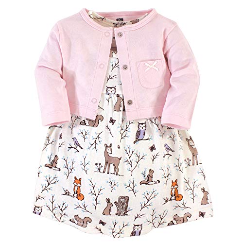 Hudson Baby Infant and Toddler Girl Cotton Dress and Cardigan Set Enchanted Forest, 3-6 Months
