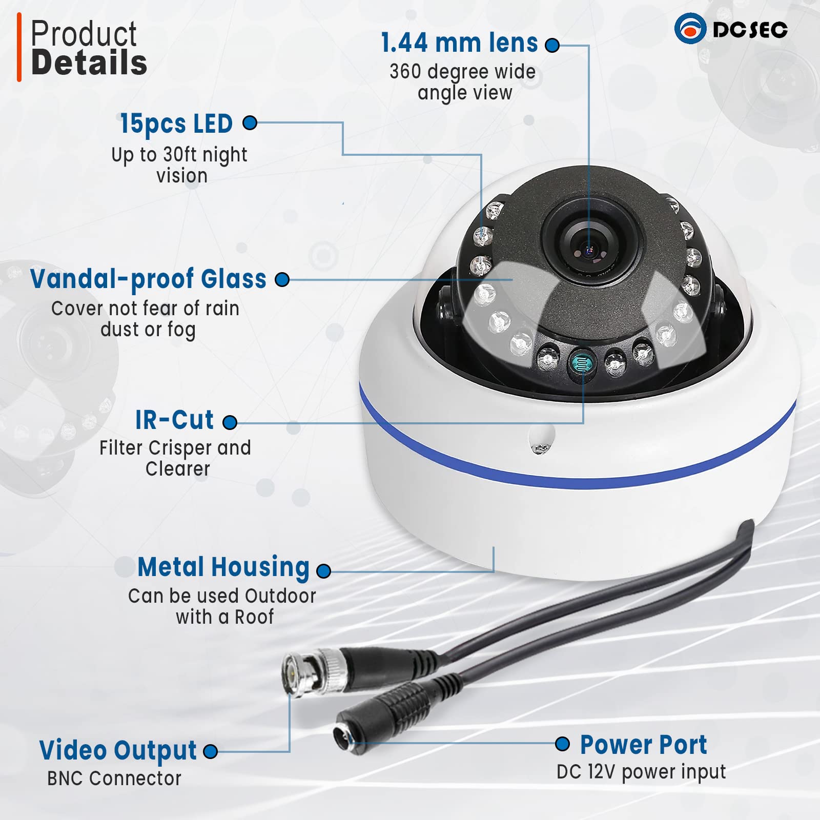 HD 1080P 360 Degree Dome Surveillance Cameras Indoor Outdoor 4 in 1 (TVI/AHD/CVI/CVBS BNC Analog System) 1.44mm Fisheye CCTV View Round Wide Angle Security Camera Coax