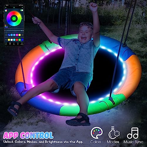 LFSMVT LED Saucer Tree Swing, 40 Inch Light Up Kids Swing Set with APP & Remote Control, Music Sync, Waterproof Round Circle Swings for Kids Outdoor, Playground, Backyard