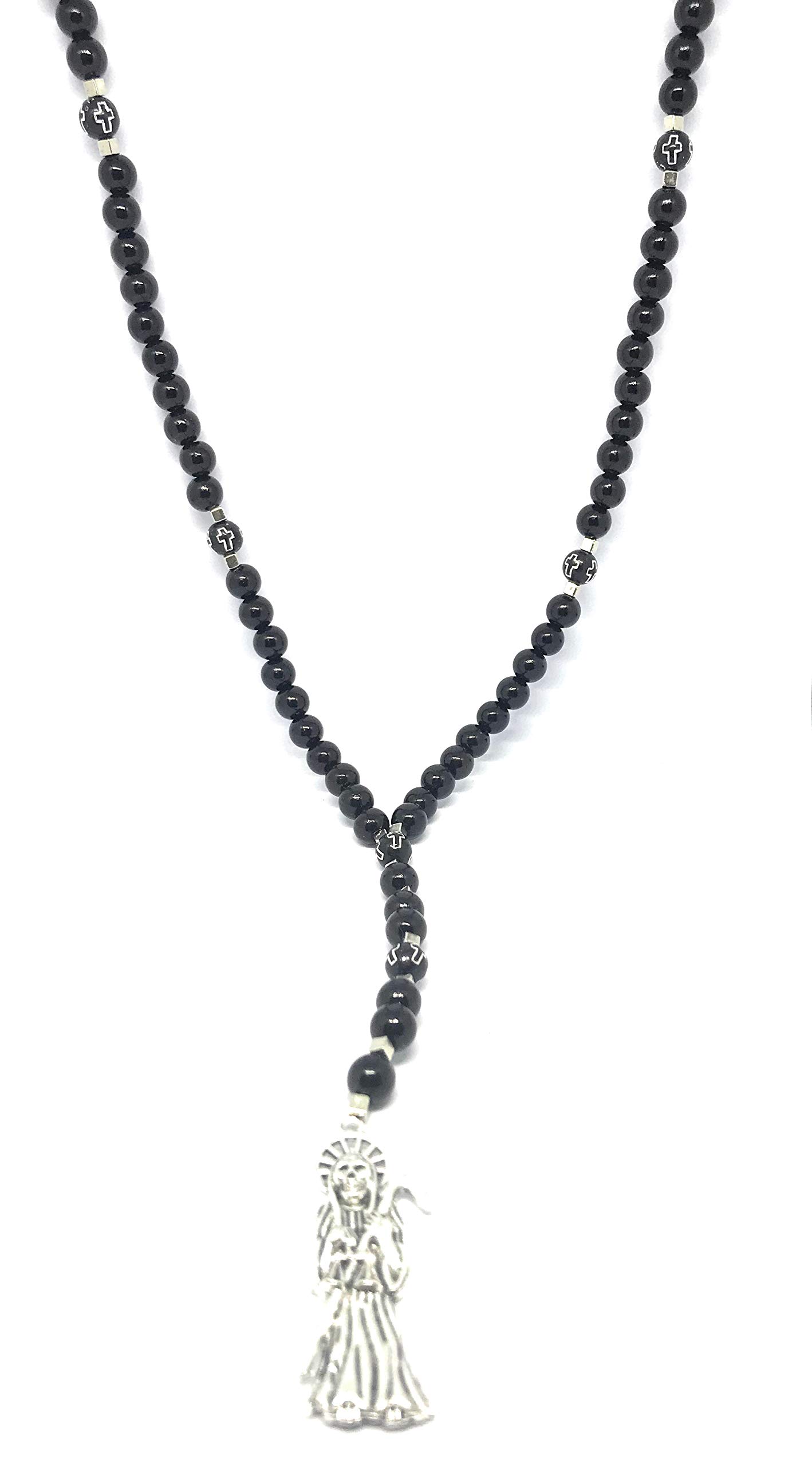 Acrylic Holy death's necklace, rosary style. Collar de la Santa Muerte de acrilico estilo rosario. Grim reaper Y style necklace.