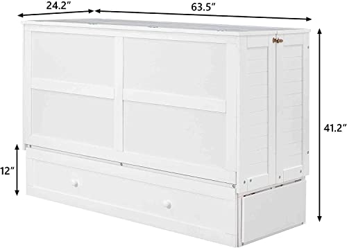 DNYN Queen Size Mobile Murphy Bed with Storage Drawer, Wood Bedframe w/Little Shelves on Each Side, Can Convert to Cabinet for Guest Room Home Office, White