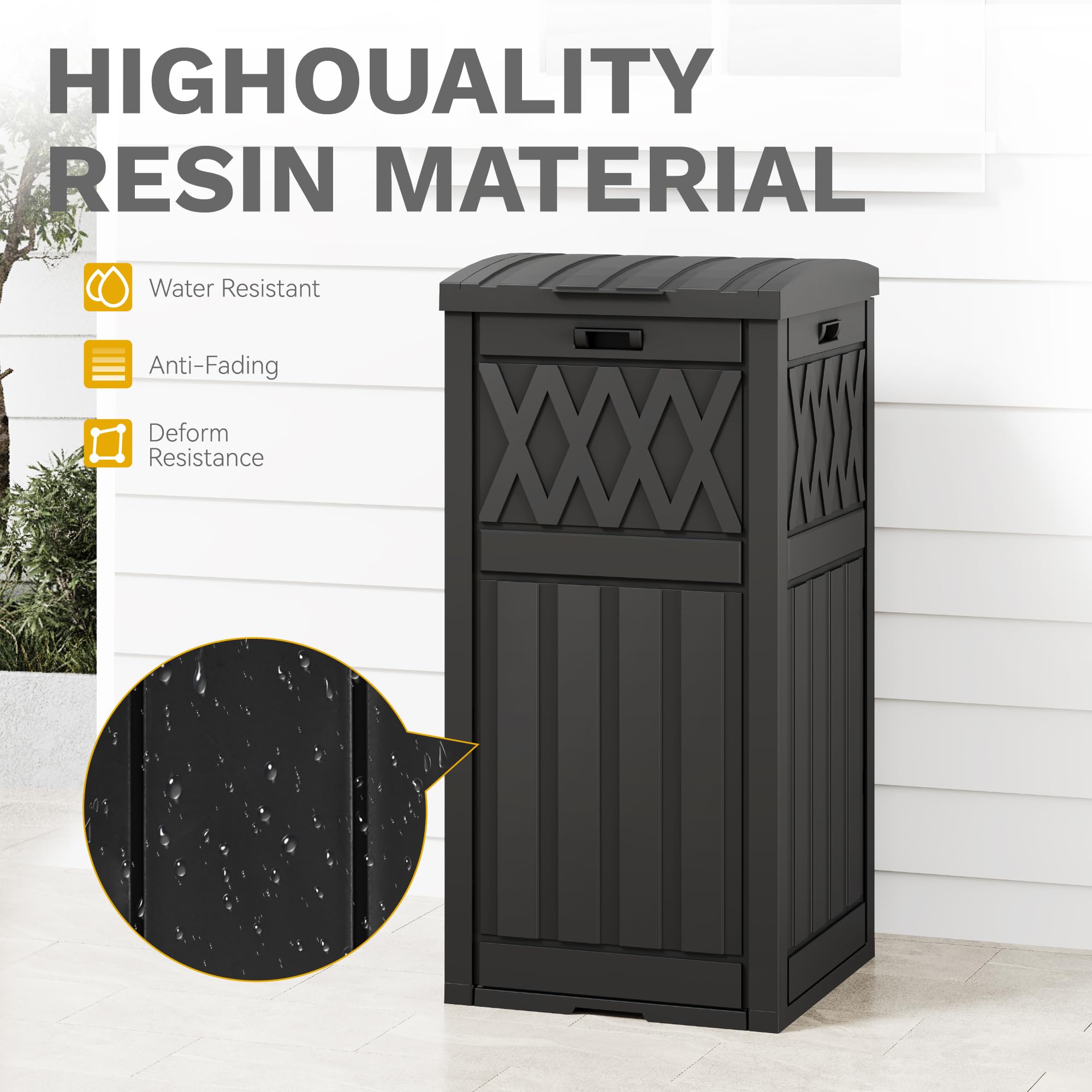 DWVO 33 Gallon Outdoor Trash Can with Tiered Lid and Drip Tray, Waterproof Resin Garbage Can for Patio, Kitchen, Deck and Backyard - Black