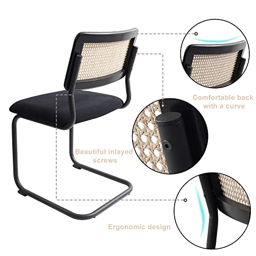 GrandNoor Rattan Dining Chairs,Wooden Mid-Century Modern Kitchen Chairs, Armless Mesh Back Cane Chairs, Upholstered Boucle Chairs with Metal Chrome Legs, Set of 2 (Black, 2PCS-Dining Chairs)