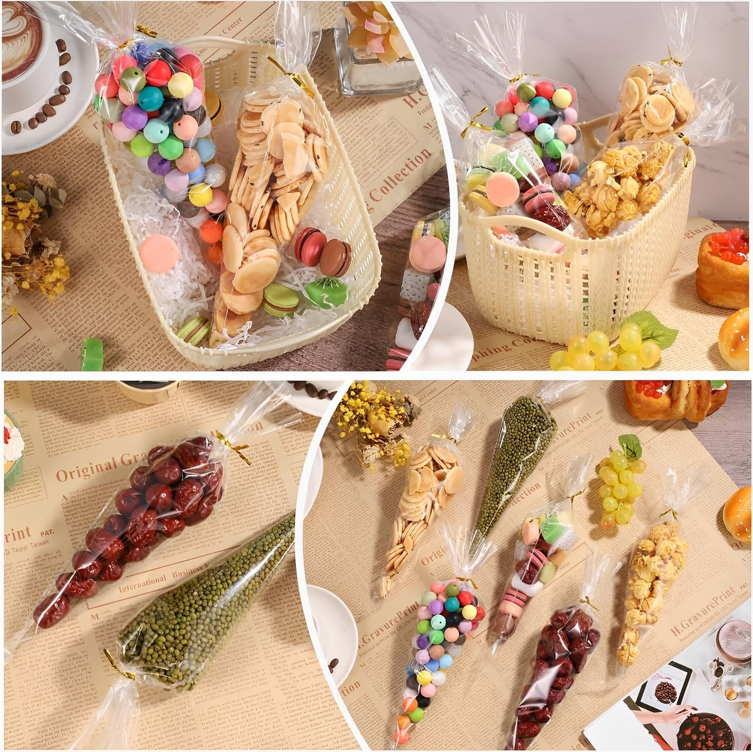 Dxlam 100 Pcs Cone Cellophane Bags, 6x12 Inches Clear Plastic Cone Shaped Treat Bags with 100 Twist Ties for Party Favor, Gift Wrapping, Packaging Decorations Storage